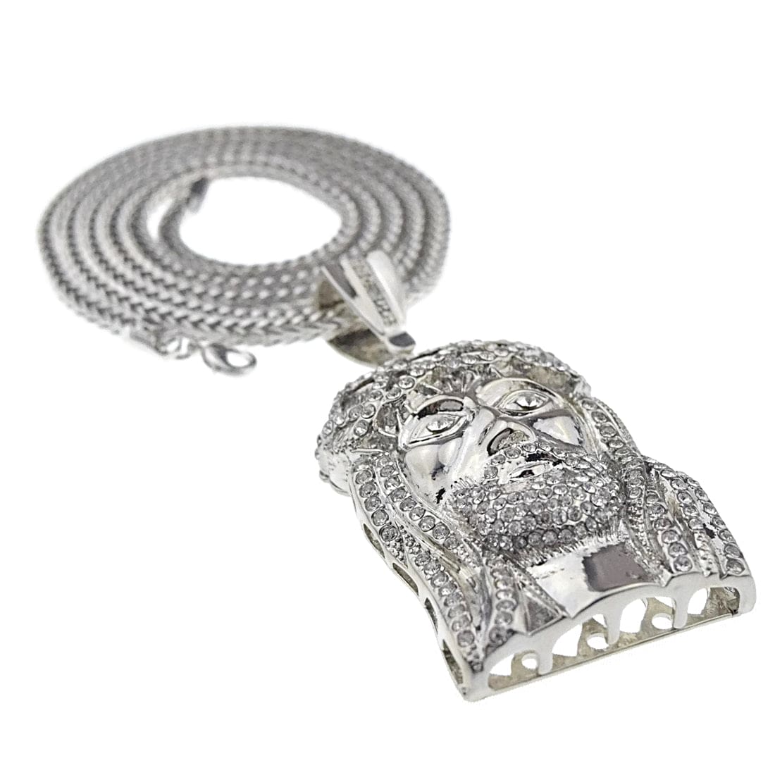 Jesus Head Iced Flooded Out Silver Tone Franco Chain Necklace 36"