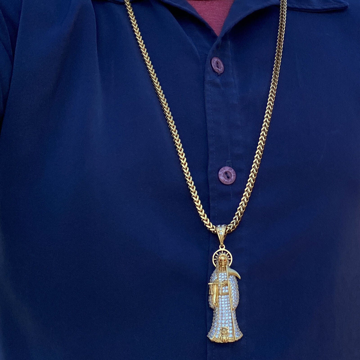 La Santa Muerte Iced Pendant Chain Gold Plated Stainless Steel Franco