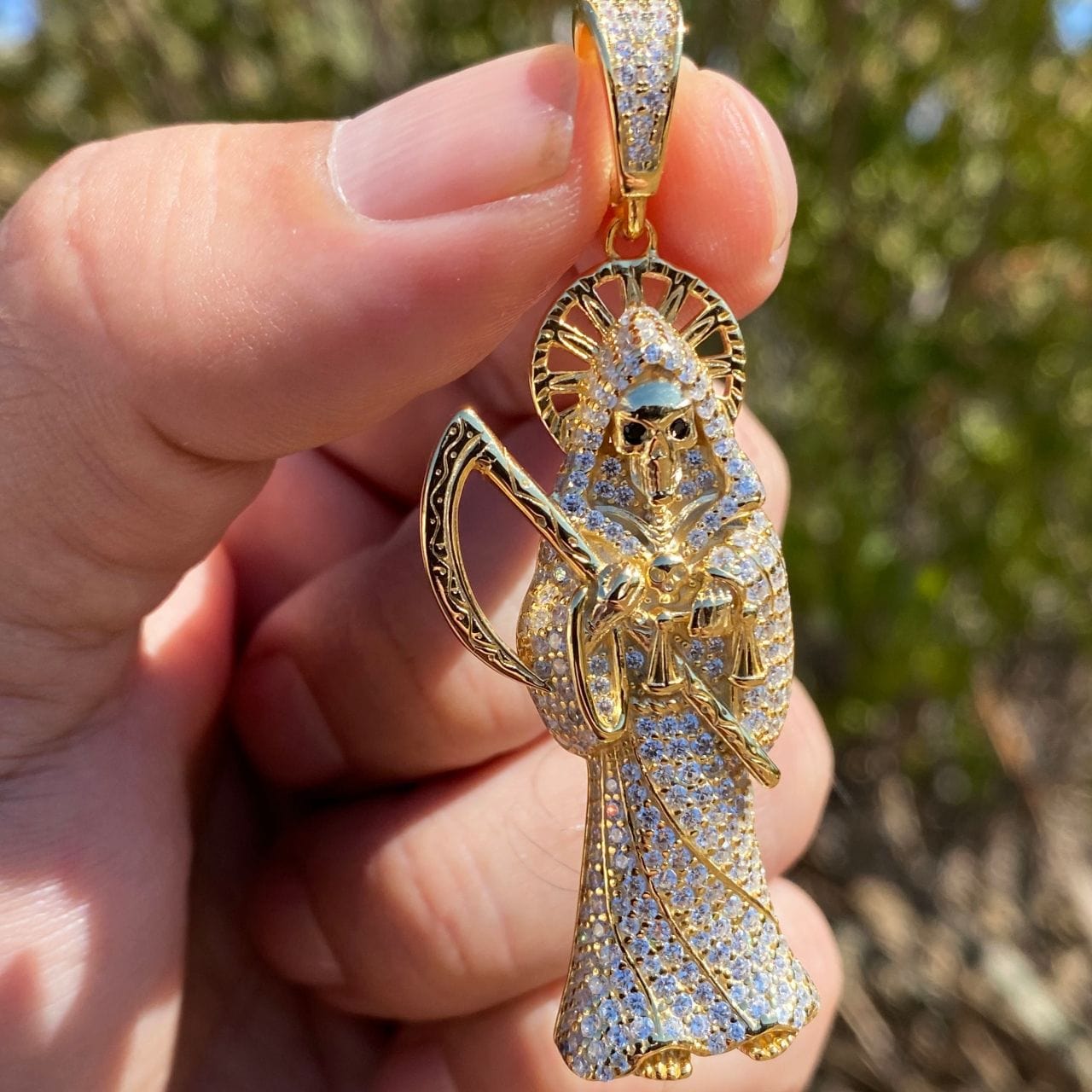 14k Gold Plated over 925 Sterling Silver La Santa Muerte CZ Pendant