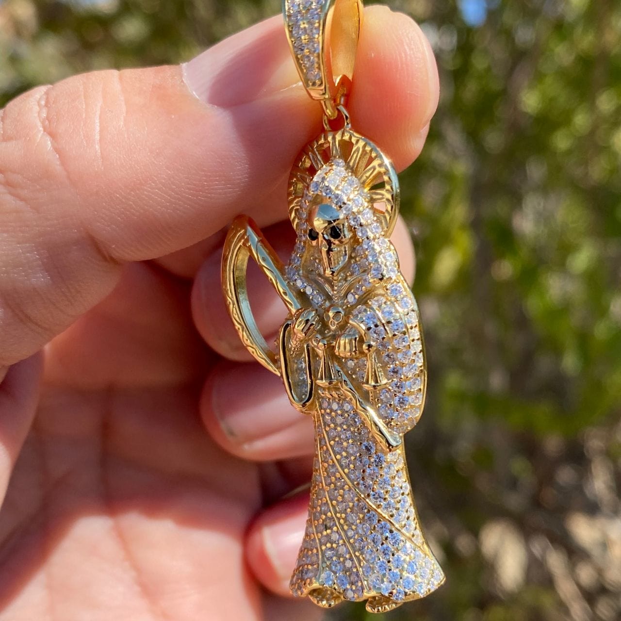 14k Gold Plated over 925 Sterling Silver La Santa Muerte CZ Pendant