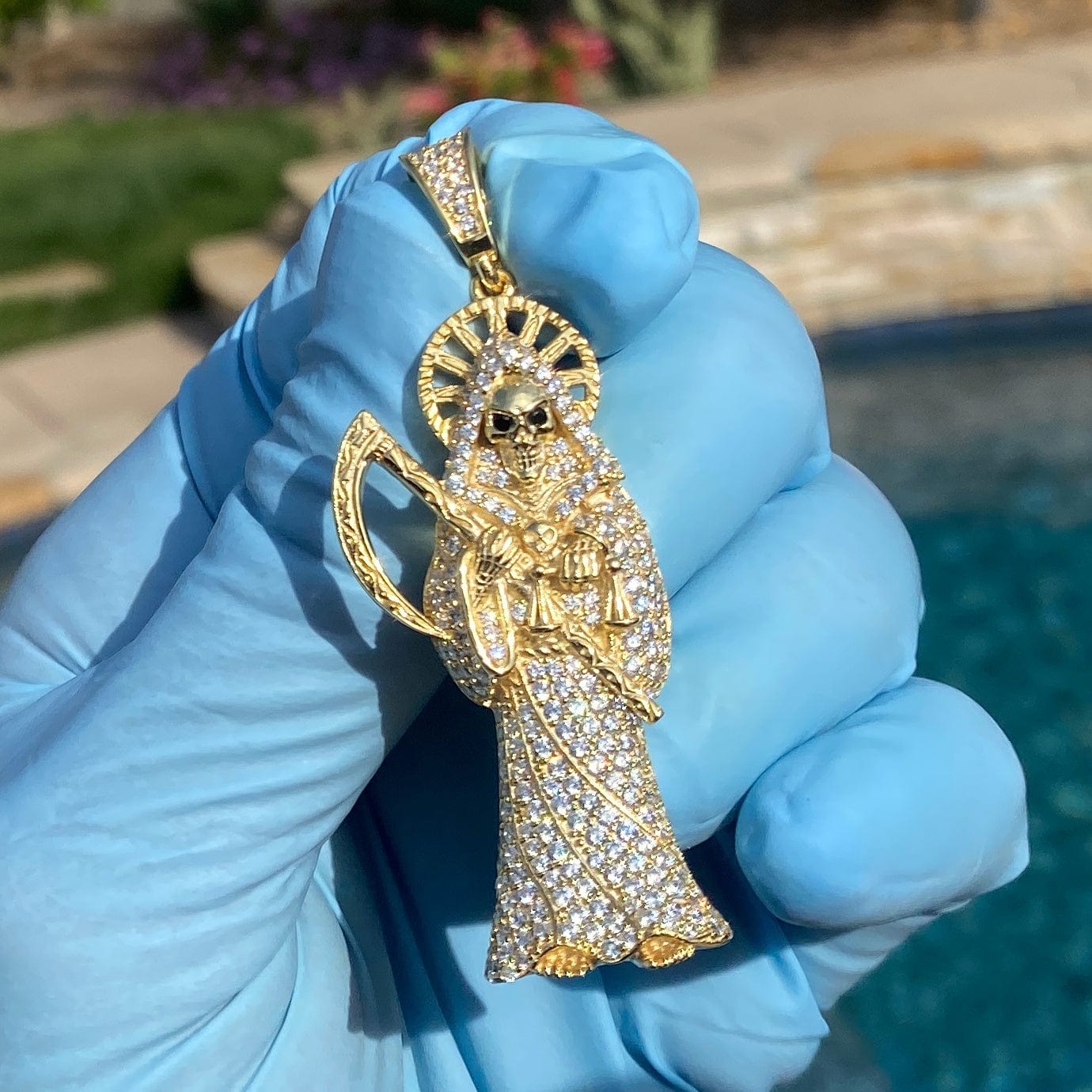14k Gold Plated over 925 Sterling Silver La Santa Muerte CZ Pendant