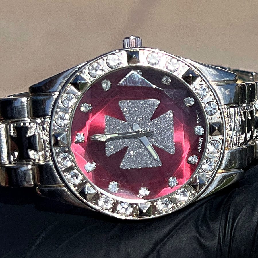 Knights Templar Iron Celtic Maltese Cross Red Watch Silver Tone 8"