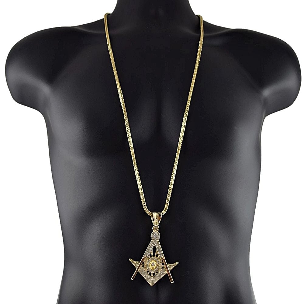 Mason Masonic Symbol Pendant Gold Finish 36" Franco Chain Necklace