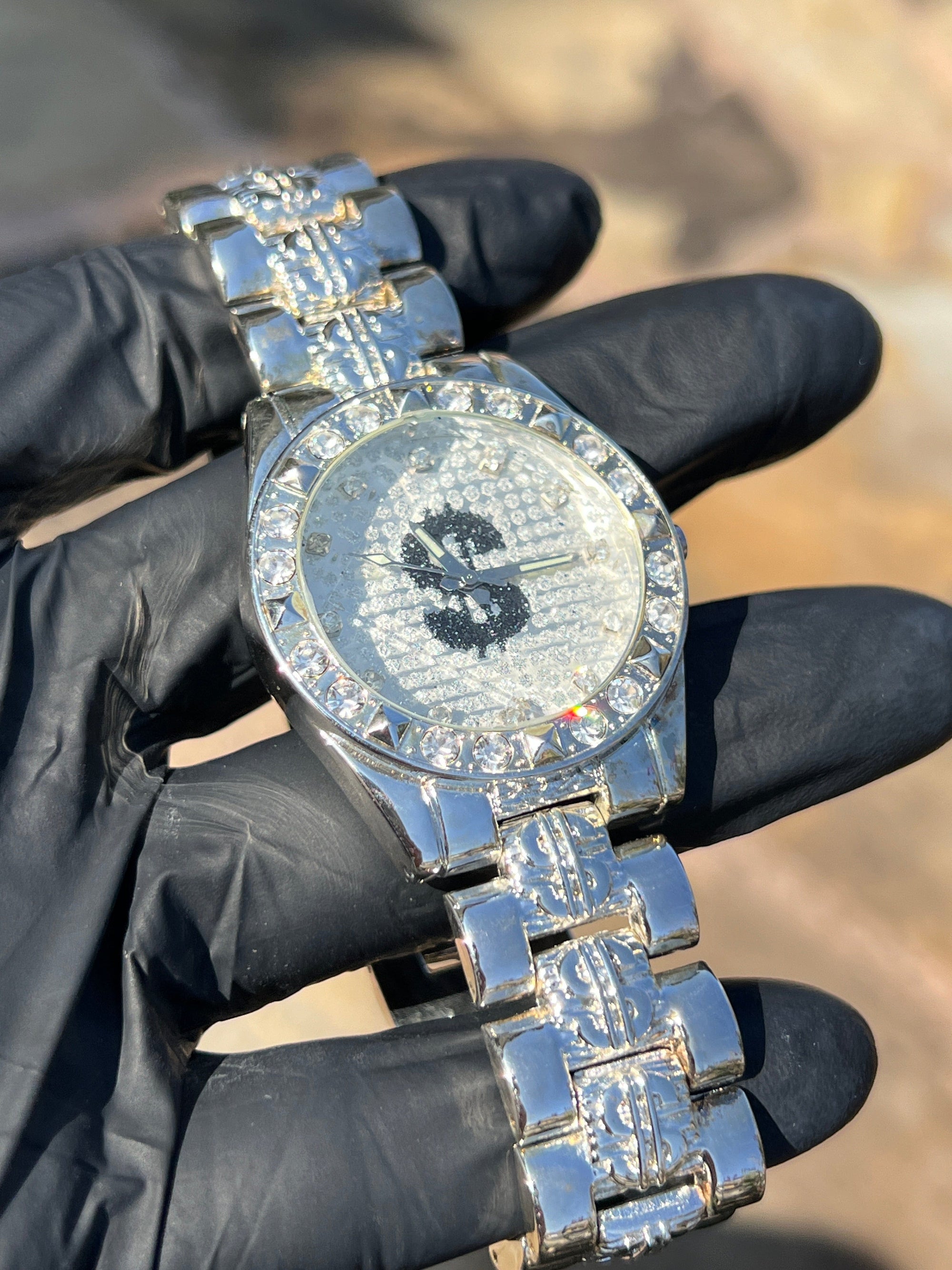 Black Dollar $ Sign Symbol Old School Hip Hop Watch Iced Silver Tone 8