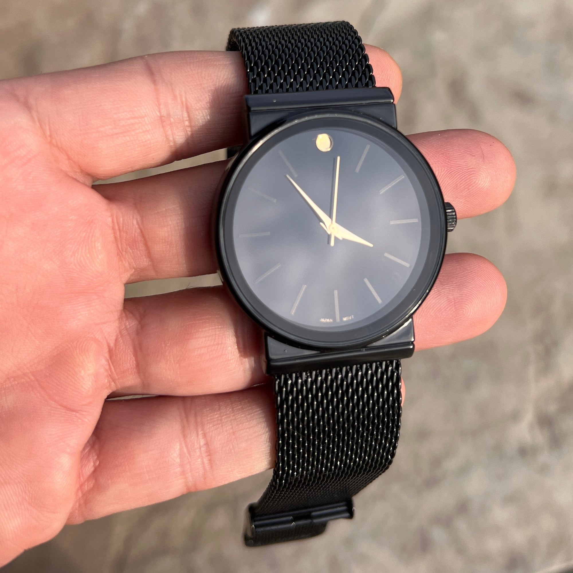 Black Bracelet Watch Dot Analog Flat Mesh Band Stainless Steel Back