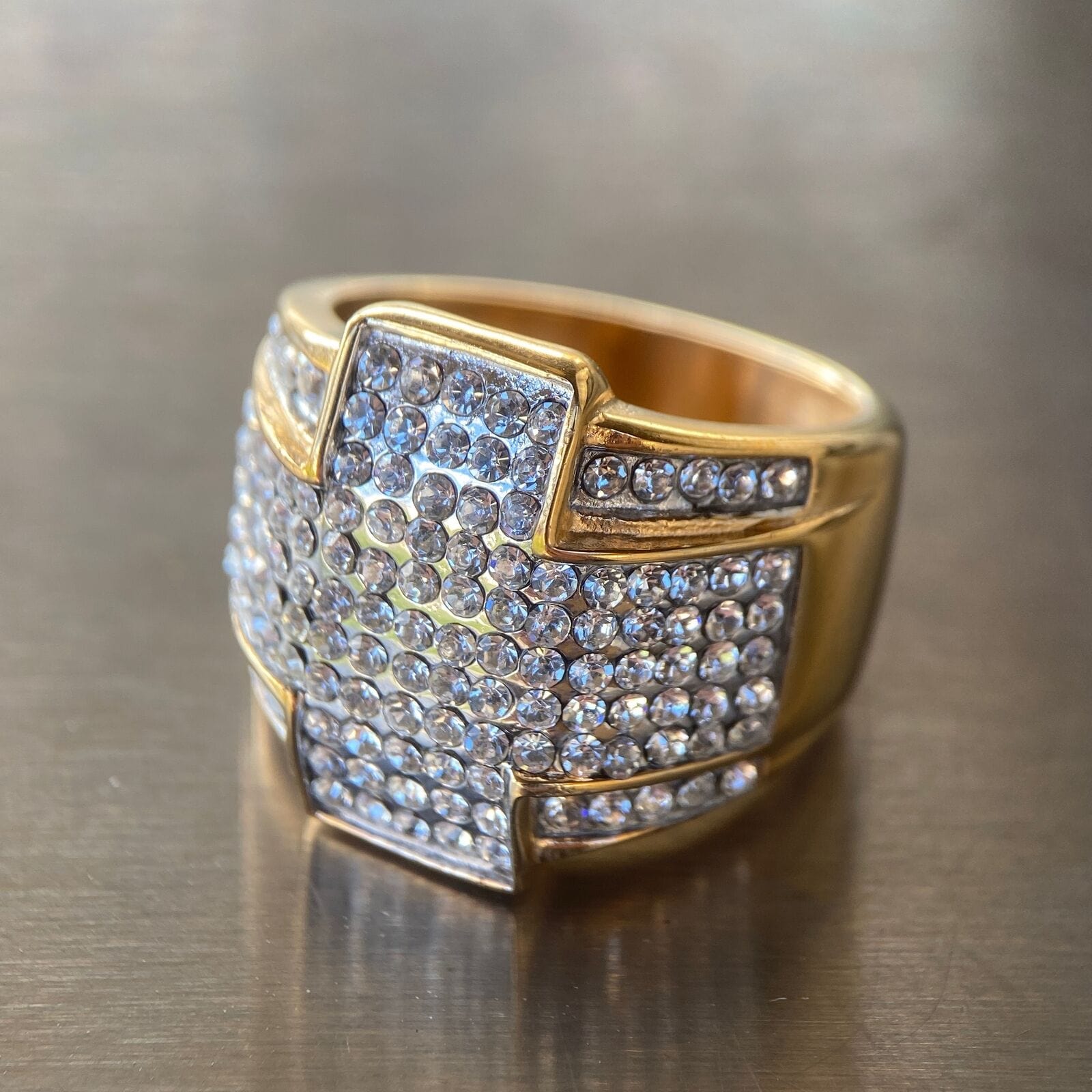 Men's Cross Ring Iced Flooded Out Gold Finish Stainless Steel SZ 7-12