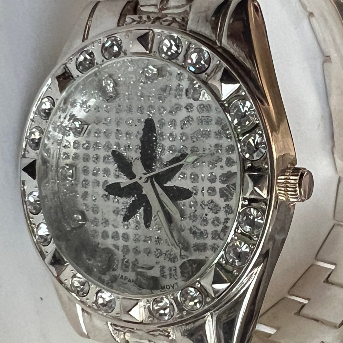 Black Marijuana Weed Leaf Old School Hip Hop Watch Iced Silver Tone 8"