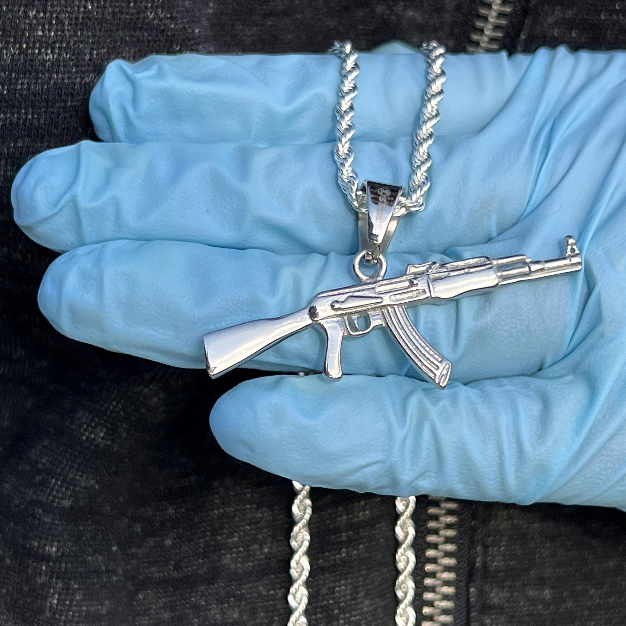 Men's Silver Tone Rope Chain 24" 3MM w/ Stainless Steel AK-47 Gun Rifl