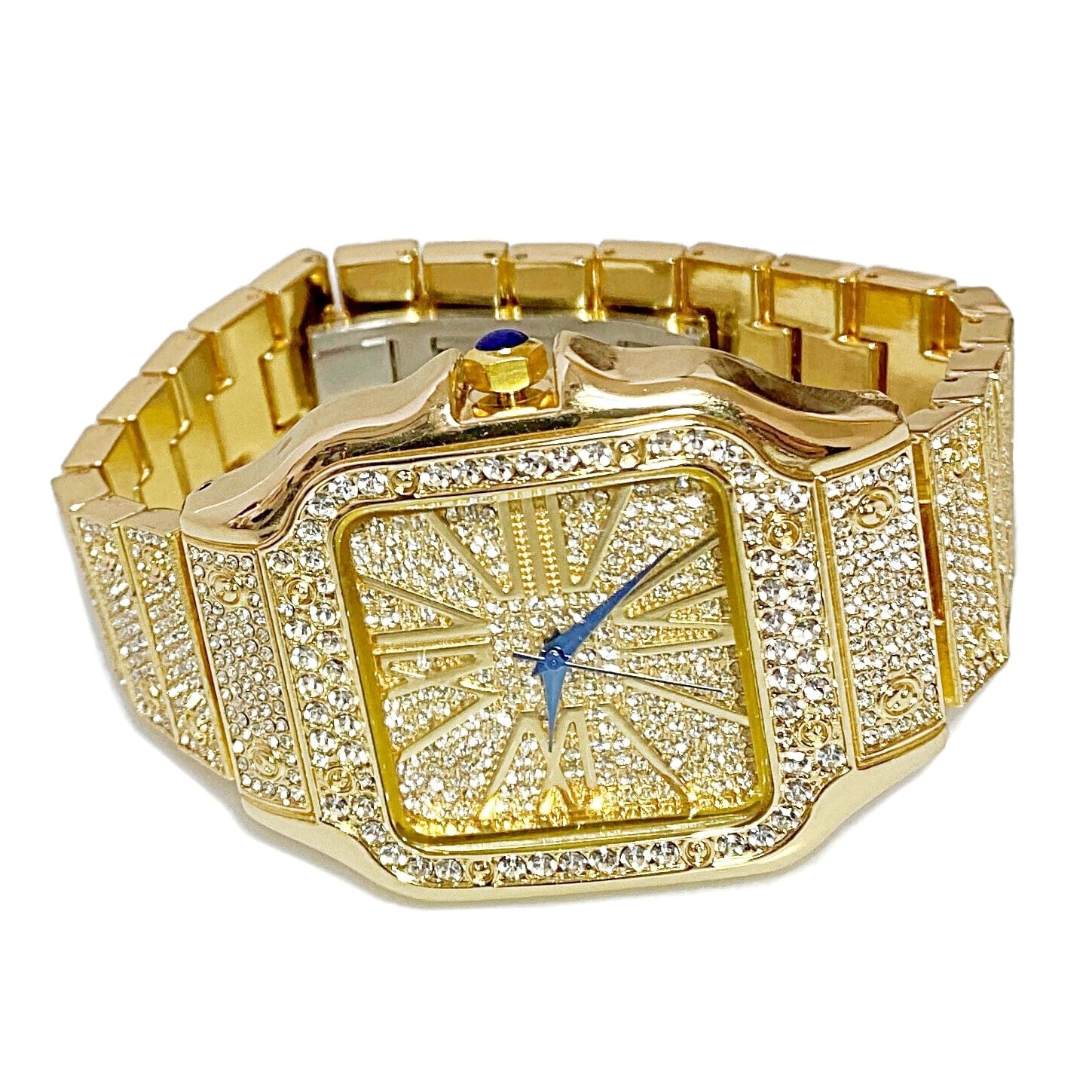 Mens Big Hip Hop Watch Square Face Blue Hands Iced Gold Finish 8"