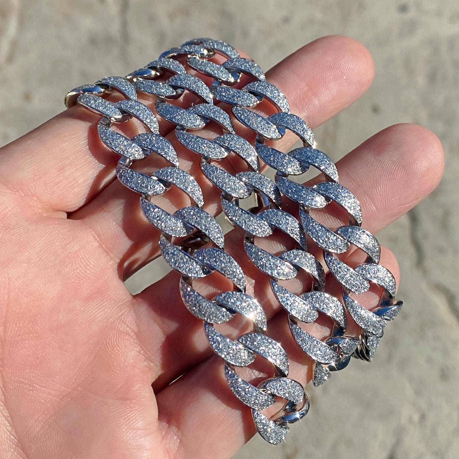 Mens Frosted Glitter Cuban Chain Silver Tone 30" Necklace