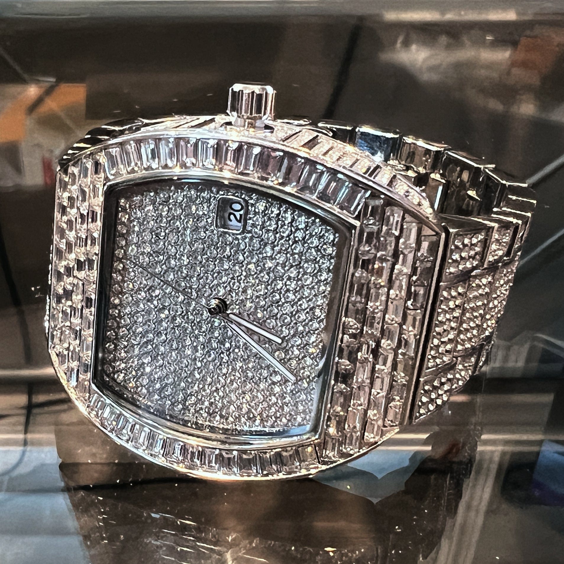 "Million Dollar" Watch Baguettes Iced Flooded Out Silver Tone 8"
