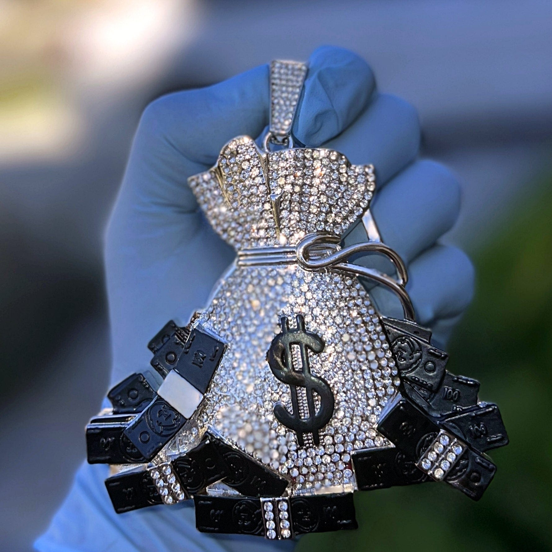 Money Bag Huge Jumbo Hip Hop Iced Flooded Out Pendant Silver Tone