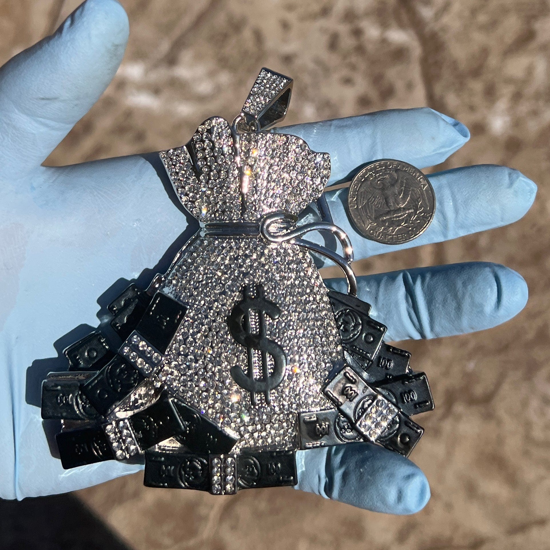 Money Bag Huge Jumbo Hip Hop Iced Flooded Out Pendant Silver Tone