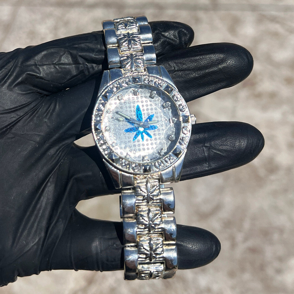 Blue Marijuana Weed Leaf Old School Hip Hop Watch CZ Iced Silver Tone