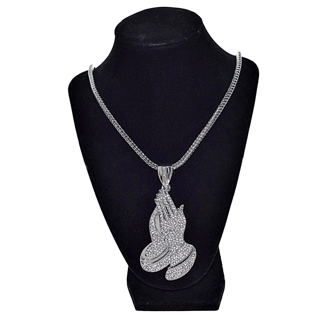 Pray Hands Iced Pendant Silver Tone Franco Chain Necklace 36"