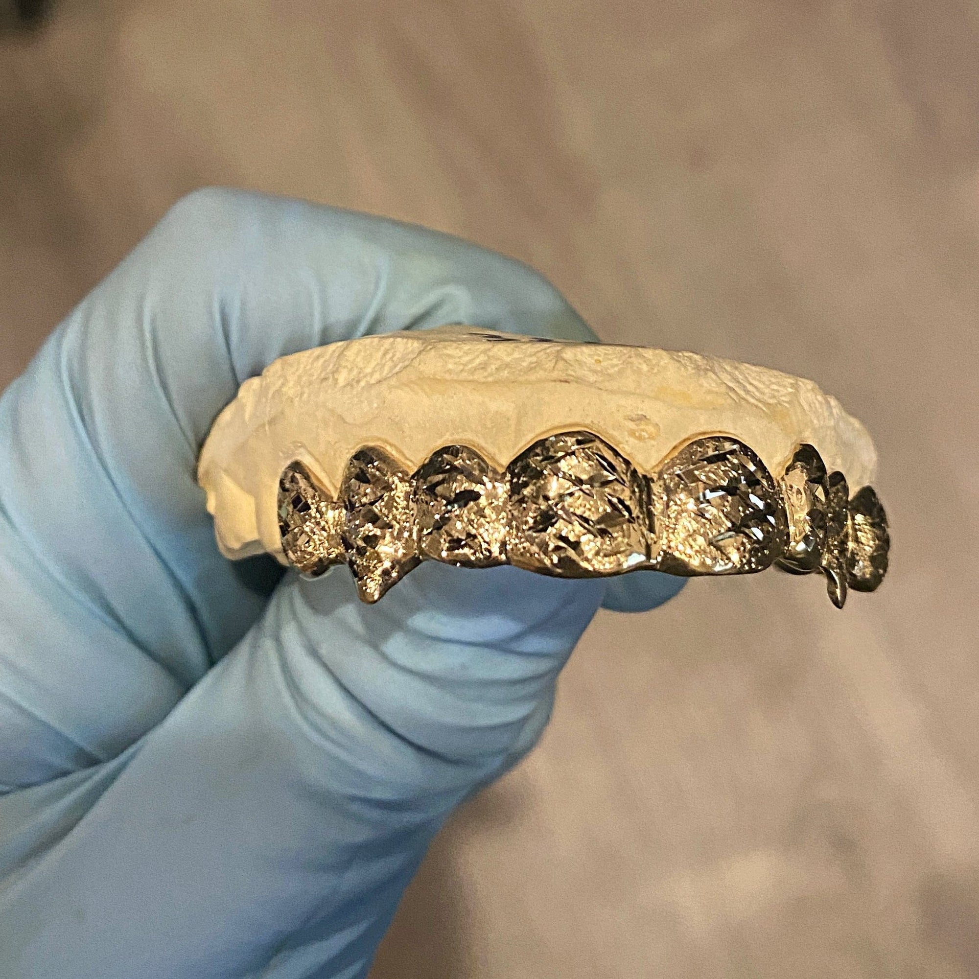 Real 10K Gold Dust Diamond-Cut Custom Vampire Teeth Fang Grillz