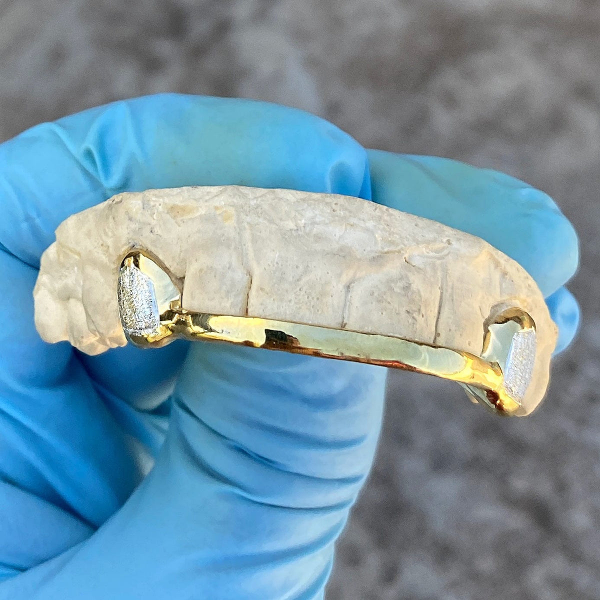 Real 10K Solid Gold Diamond Dust Two-Tone Canines Front Bar Custom Gri