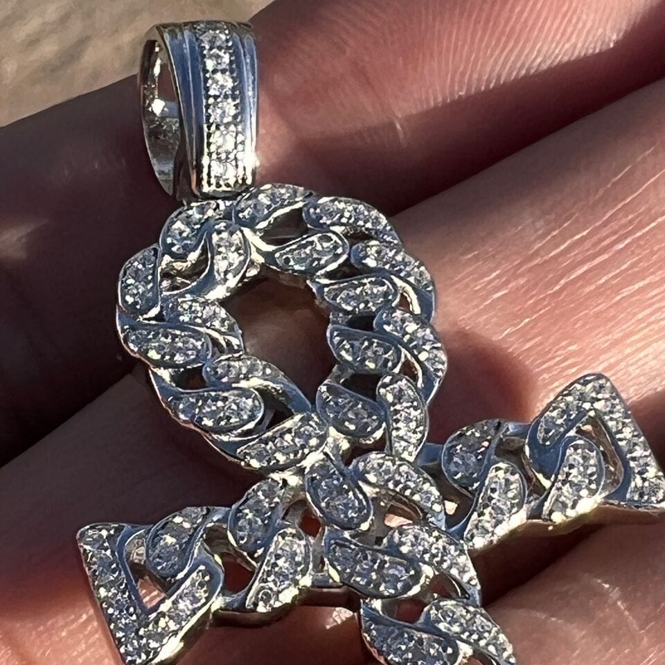 Real 925 Sterling Silver Cuban Link Egyptian Ankh Cross CZ Iced Pendan