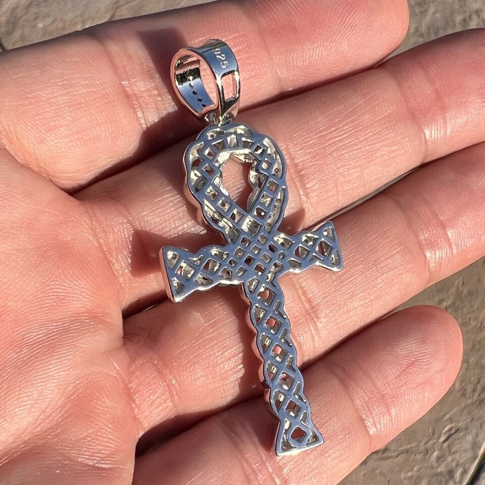 Real 925 Sterling Silver Cuban Link Egyptian Ankh Cross CZ Iced Pendan