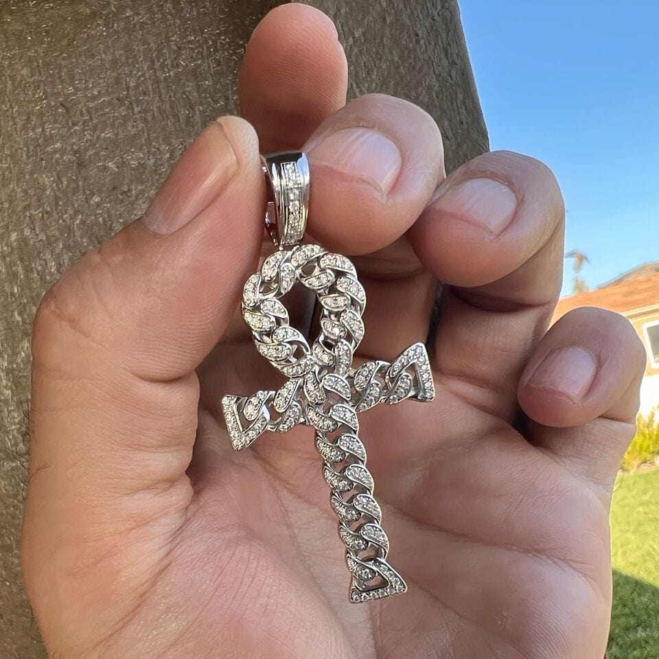 Real 925 Sterling Silver Cuban Link Egyptian Ankh Cross CZ Iced Pendan