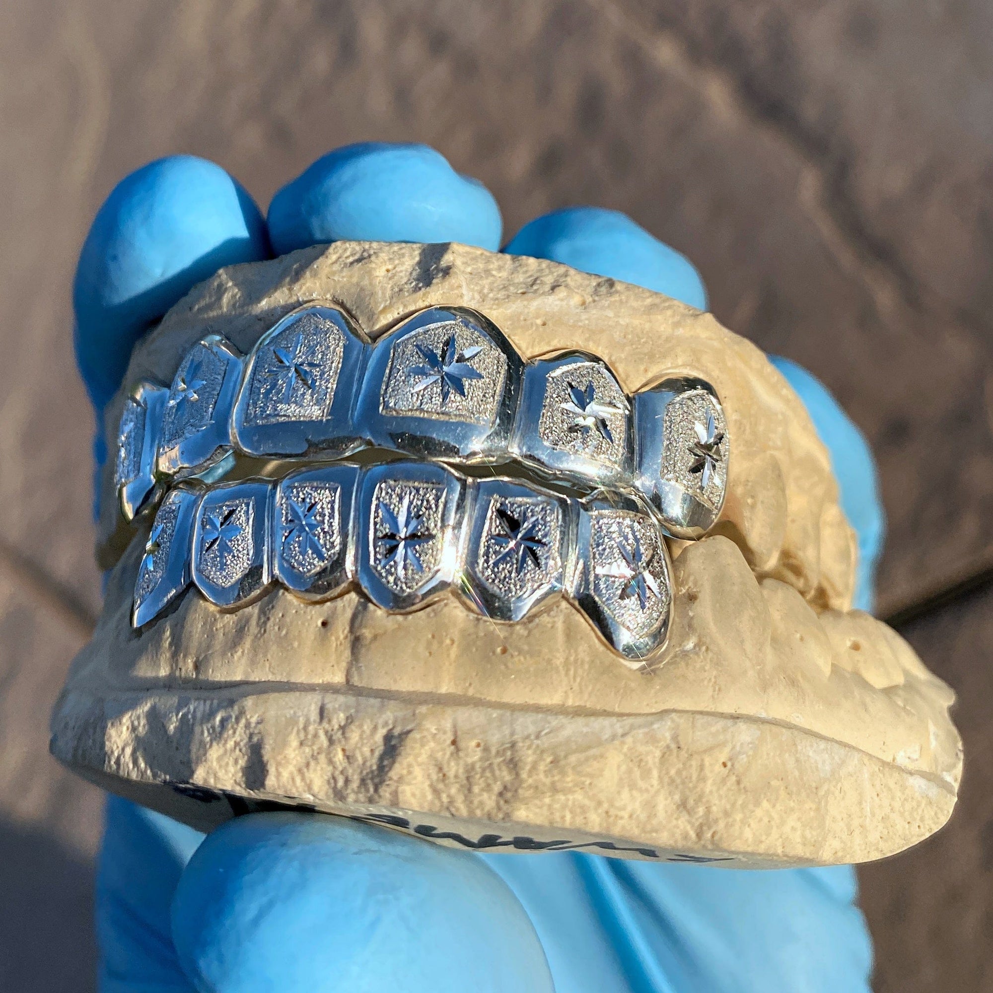 Real 925 Sterling Silver Custom Grillz Diamond Dust Starburst Cuts Tee