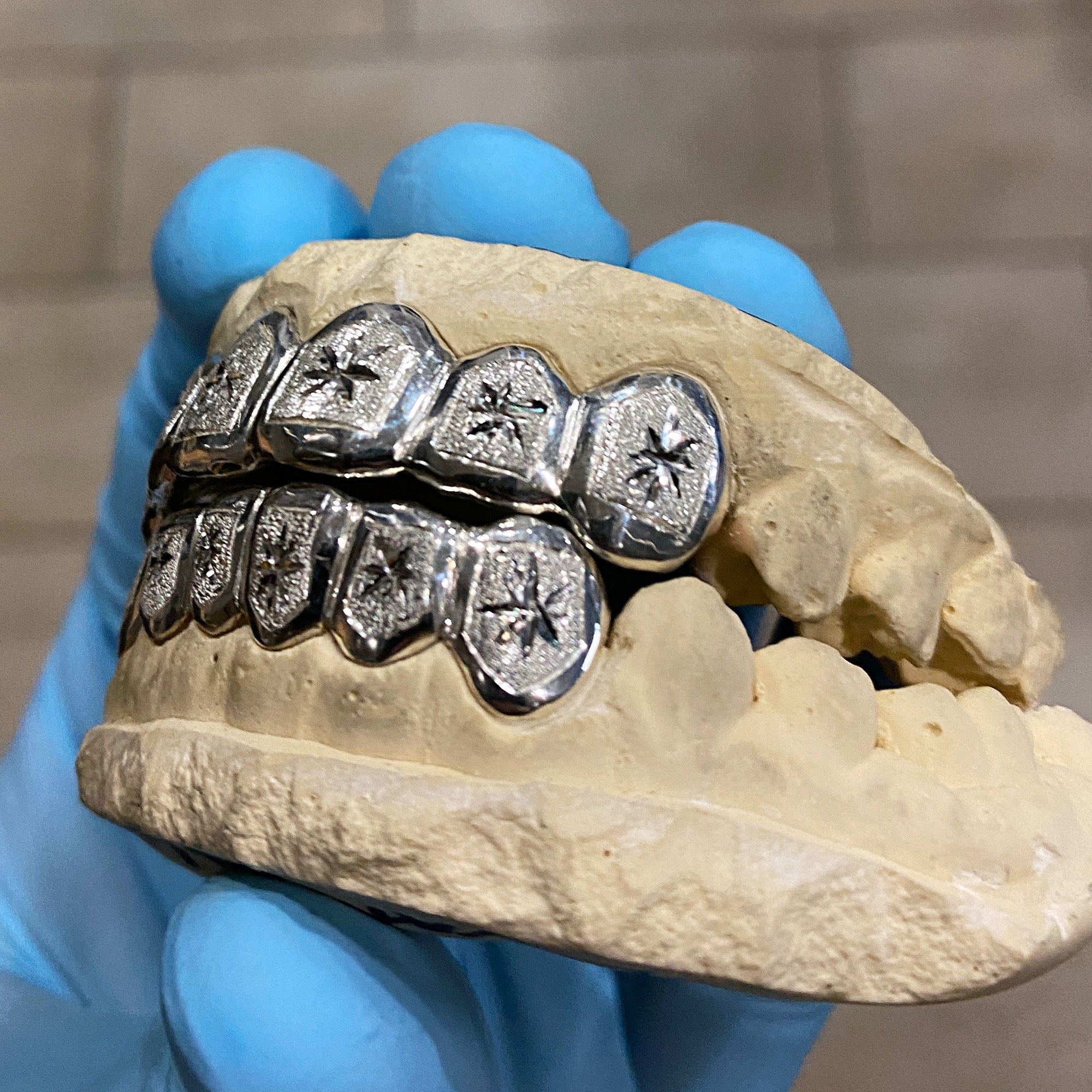 Real 925 Sterling Silver Custom Grillz Diamond Dust Starburst Cuts Tee