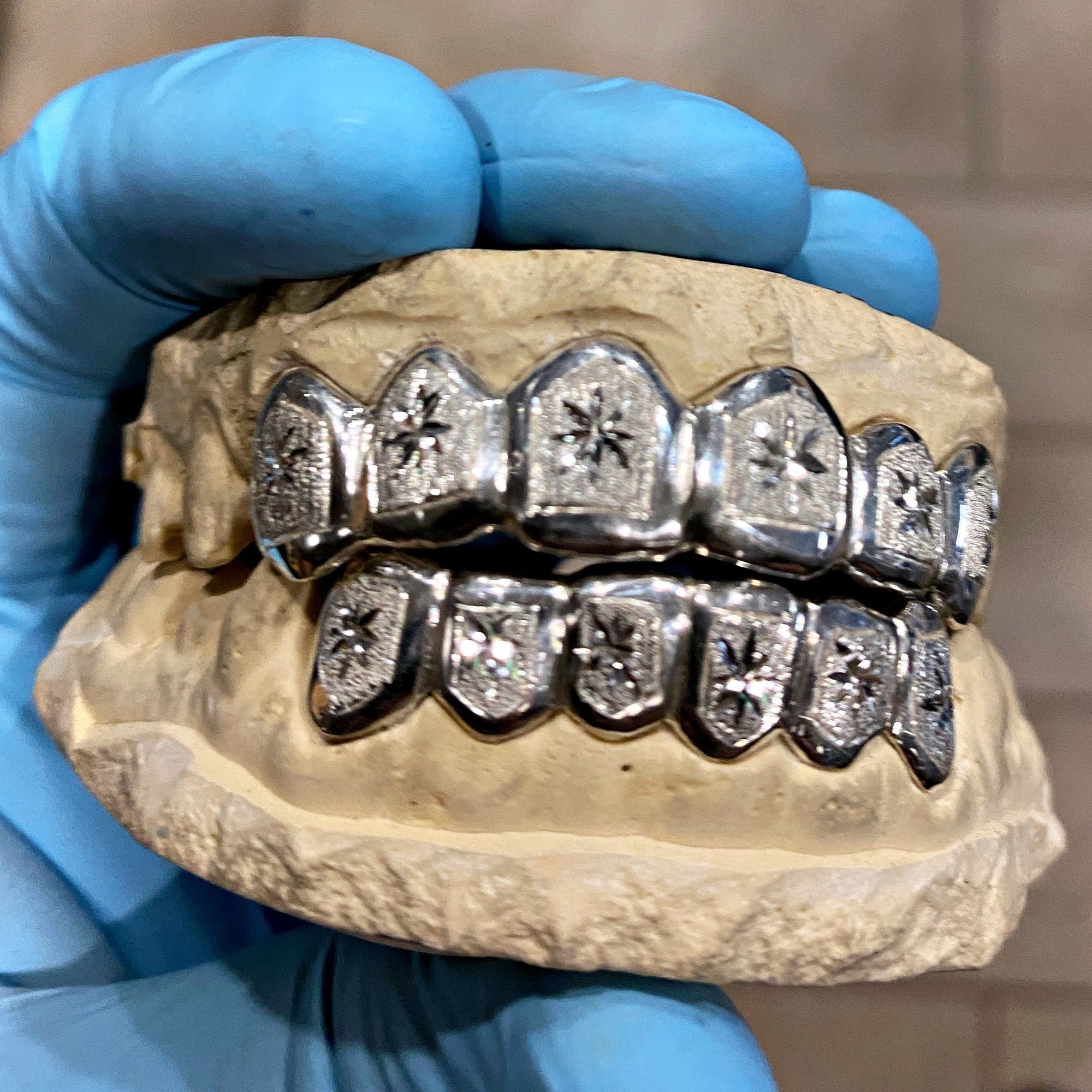 Real 925 Sterling Silver Custom Grillz Diamond Dust Starburst Cuts Tee