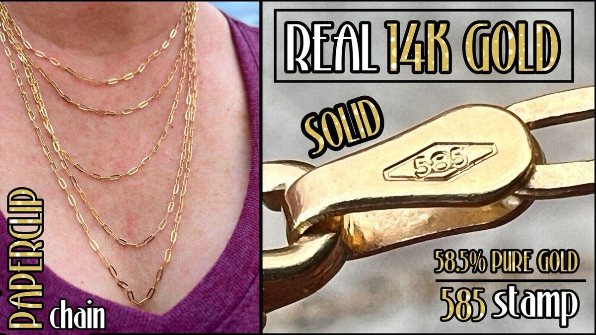 Real Solid 14K Gold Paperclip Paper Clip Chain Necklace Italy 16" -24"