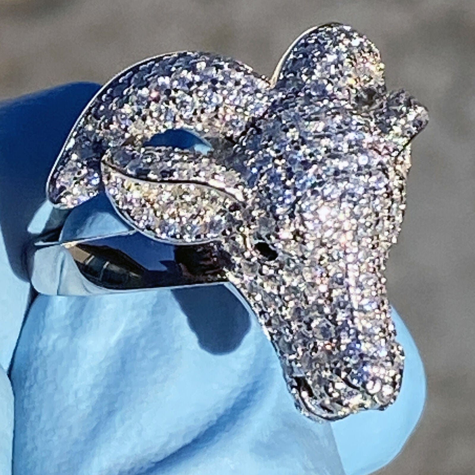 Real Solid 925 Sterling Silver Goat Head Ring Iced CZ Flooded Out