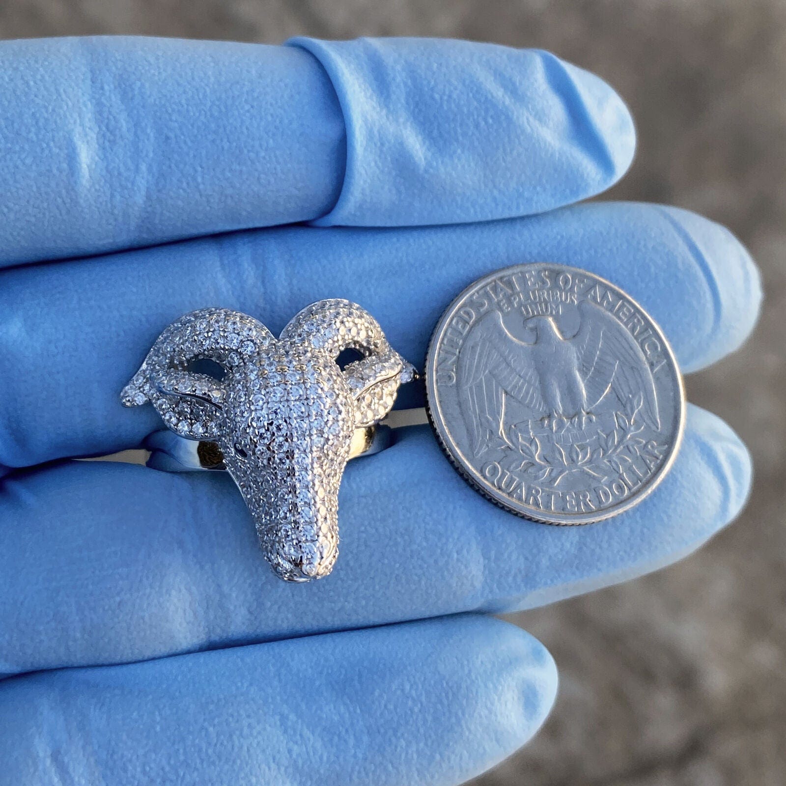 Real Solid 925 Sterling Silver Goat Head Ring Iced CZ Flooded Out