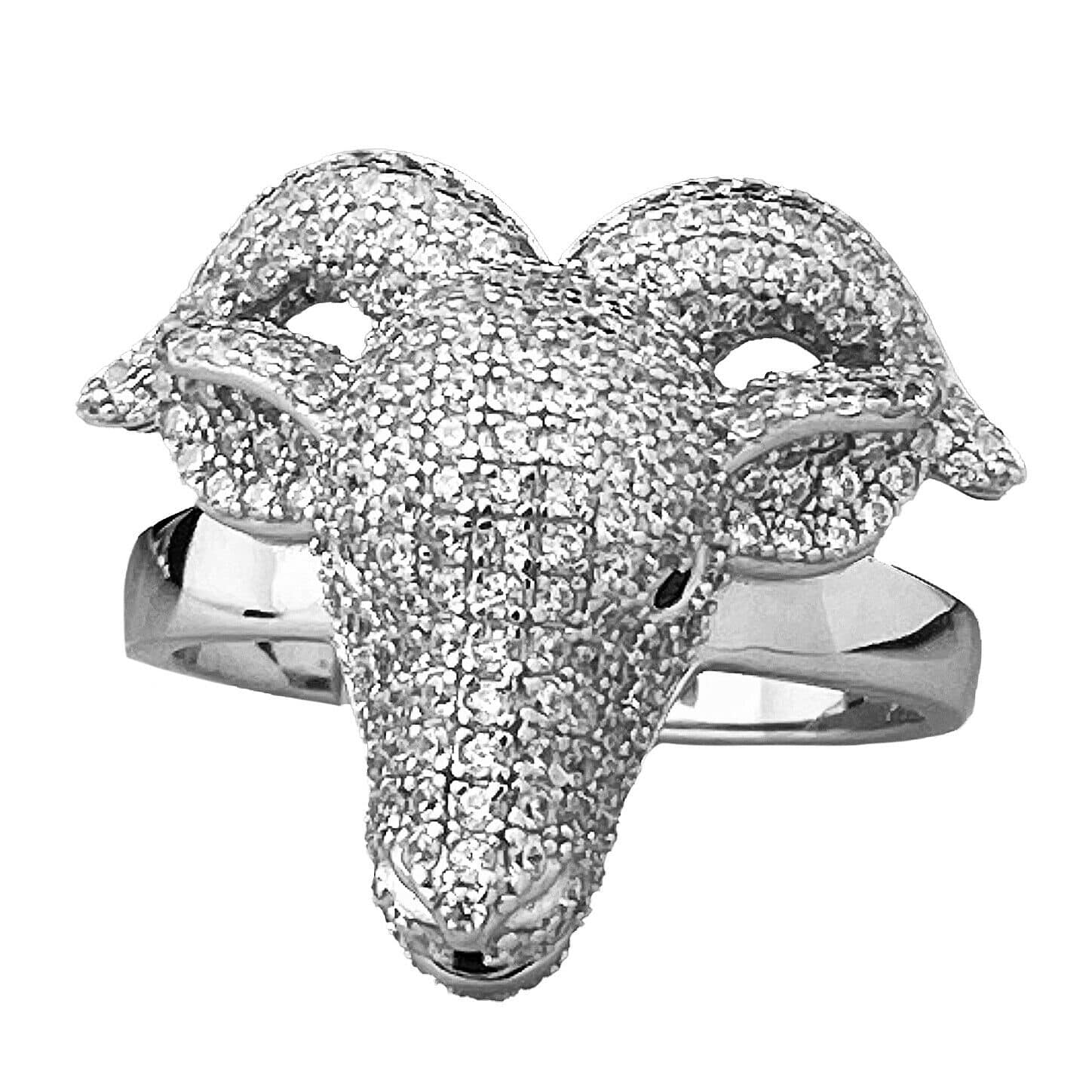 Real Solid 925 Sterling Silver Goat Head Ring Iced CZ Flooded Out