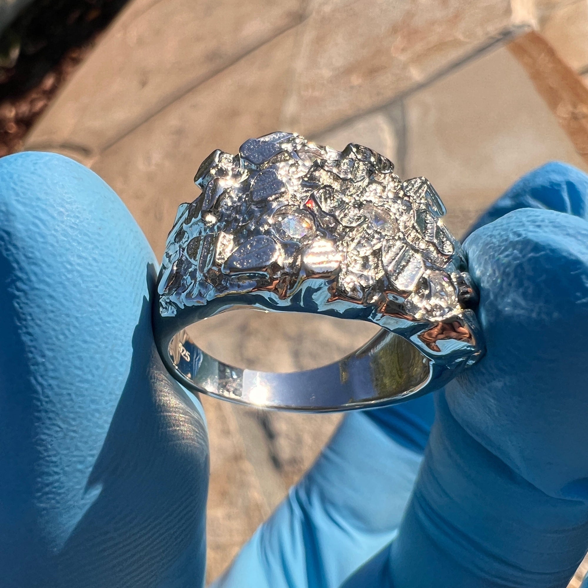 Real Solid 925 Sterling Silver Iced CZ Flooded Out Nugget Ring