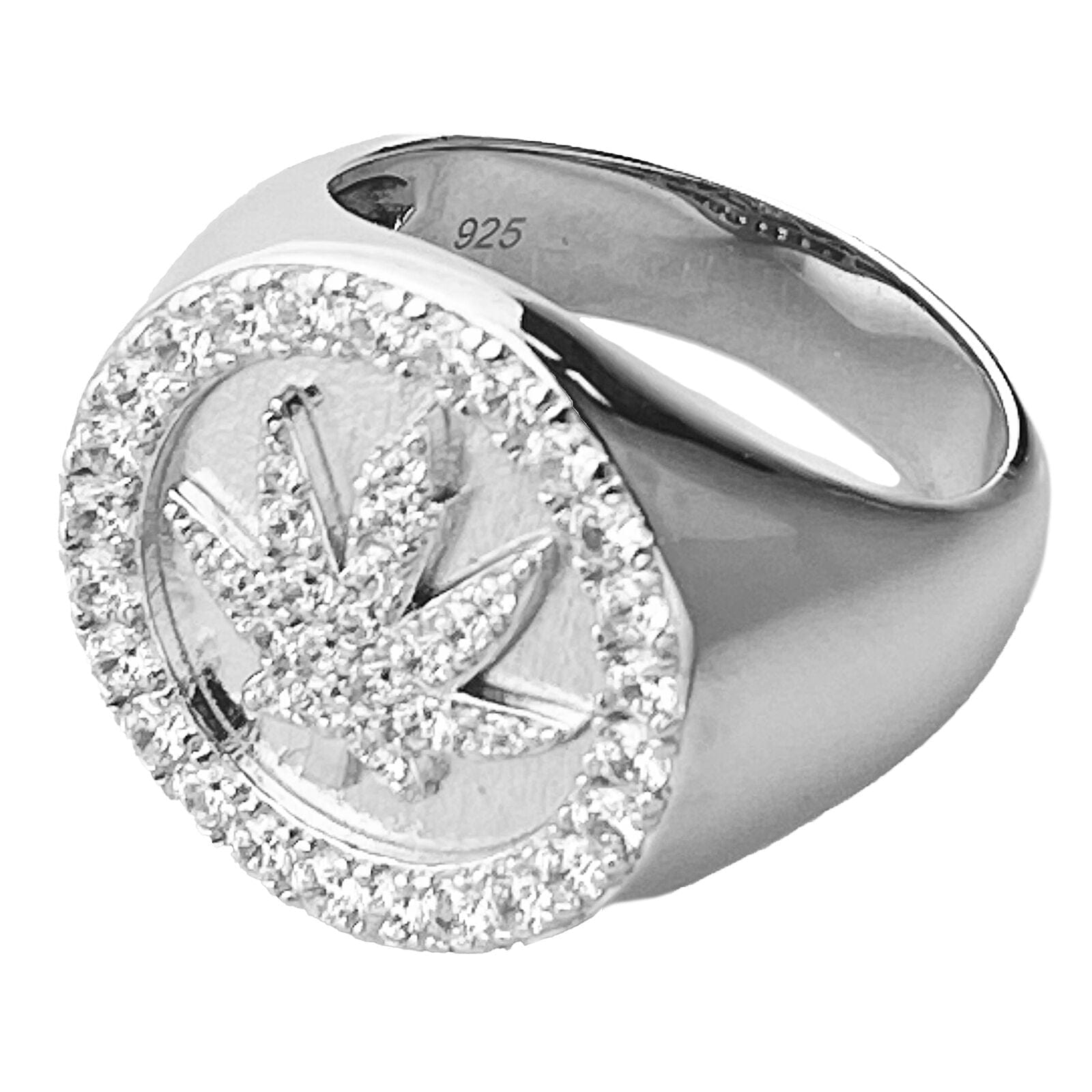 Real Solid 925 Sterling Silver Marijuana Weed Leaf CZ Iced Ring
