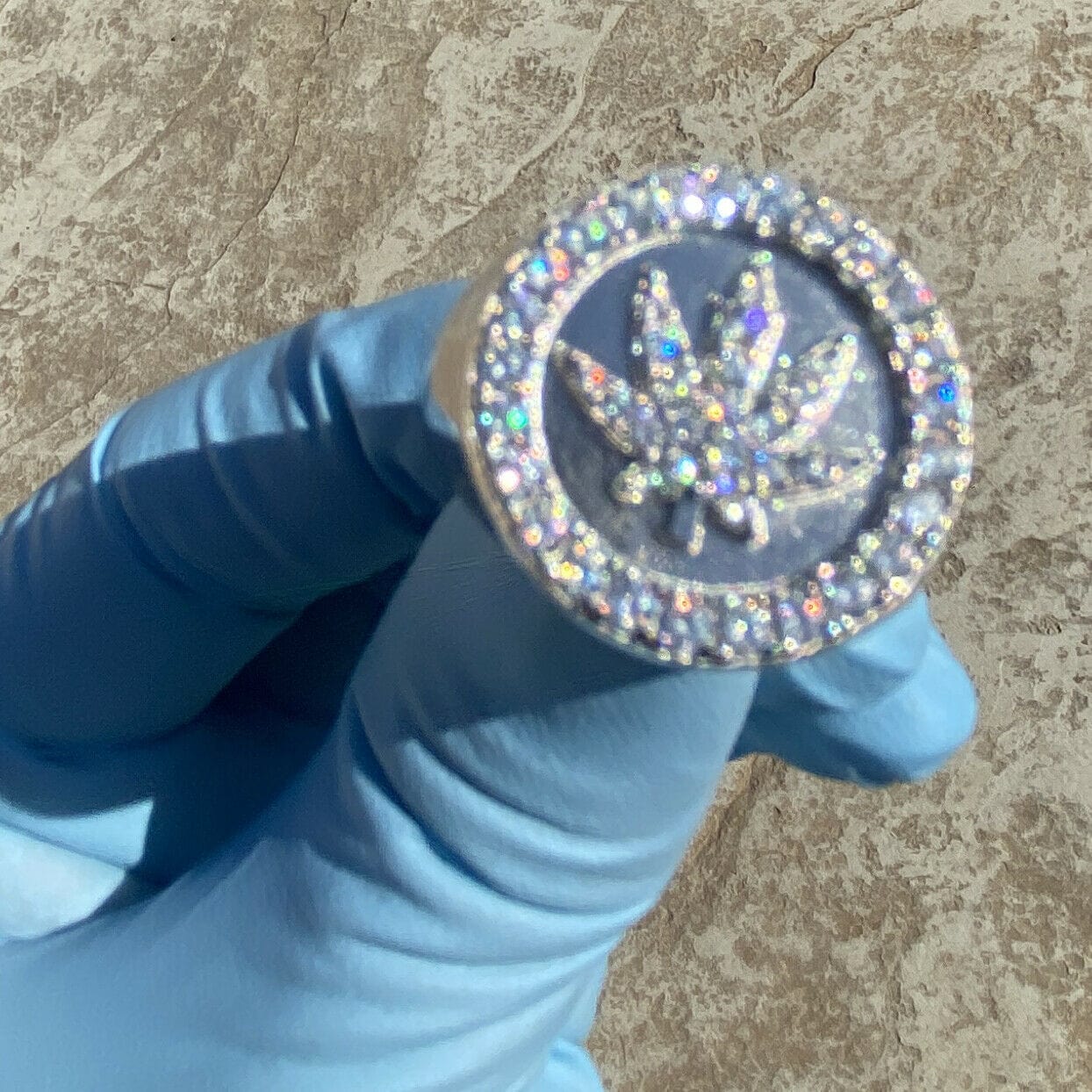 Real Solid 925 Sterling Silver Marijuana Weed Leaf CZ Iced Ring