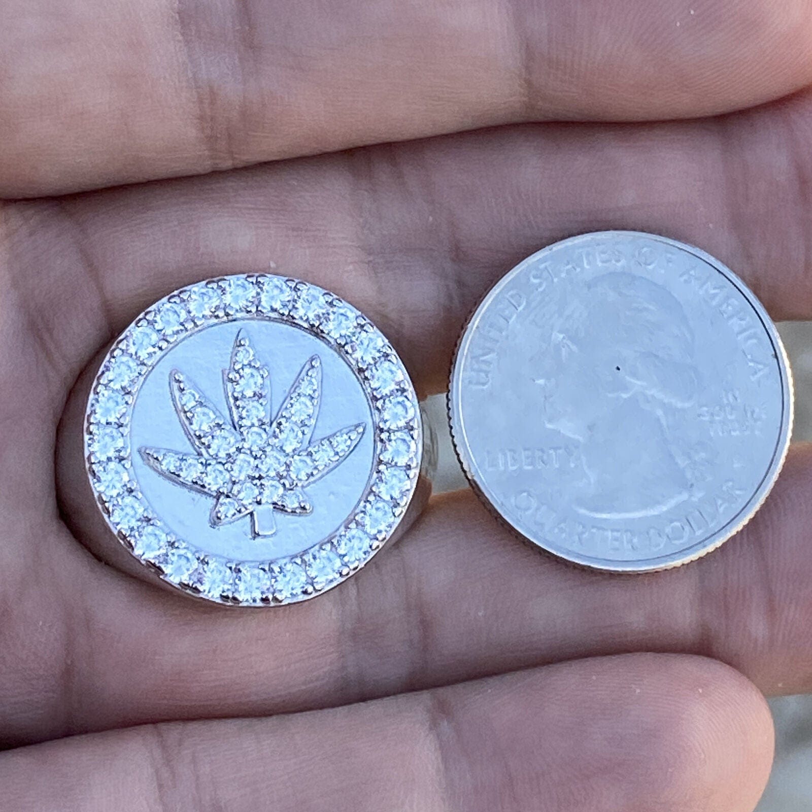 Real Solid 925 Sterling Silver Marijuana Weed Leaf CZ Iced Ring