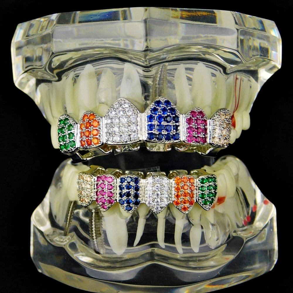 Silver Tone CZ Iced Rainbow Color Teeth Grillz Set