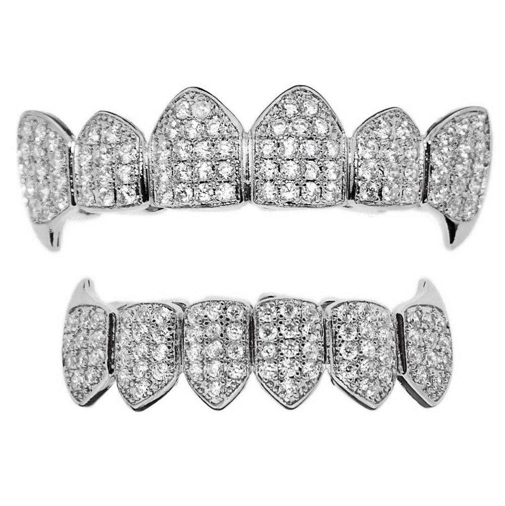 Silver Tone CZ Iced Vampire Fangs Teeth Grillz Set