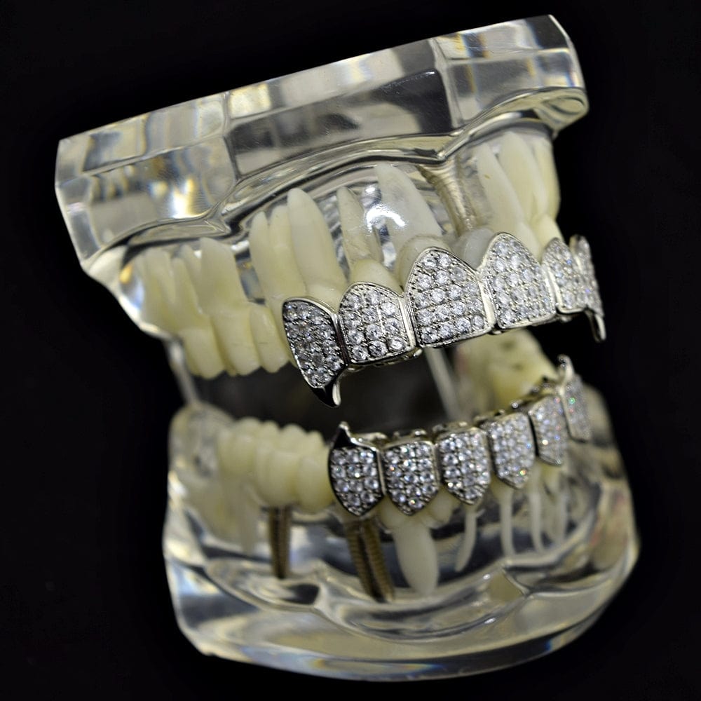 Silver Tone CZ Iced Vampire Fangs Teeth Grillz Set