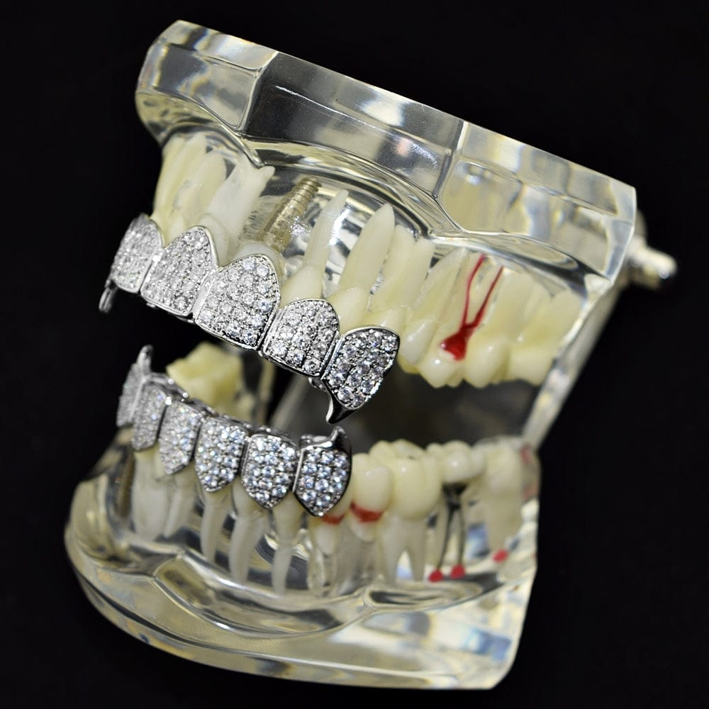 Silver Tone CZ Iced Vampire Fangs Teeth Grillz Set