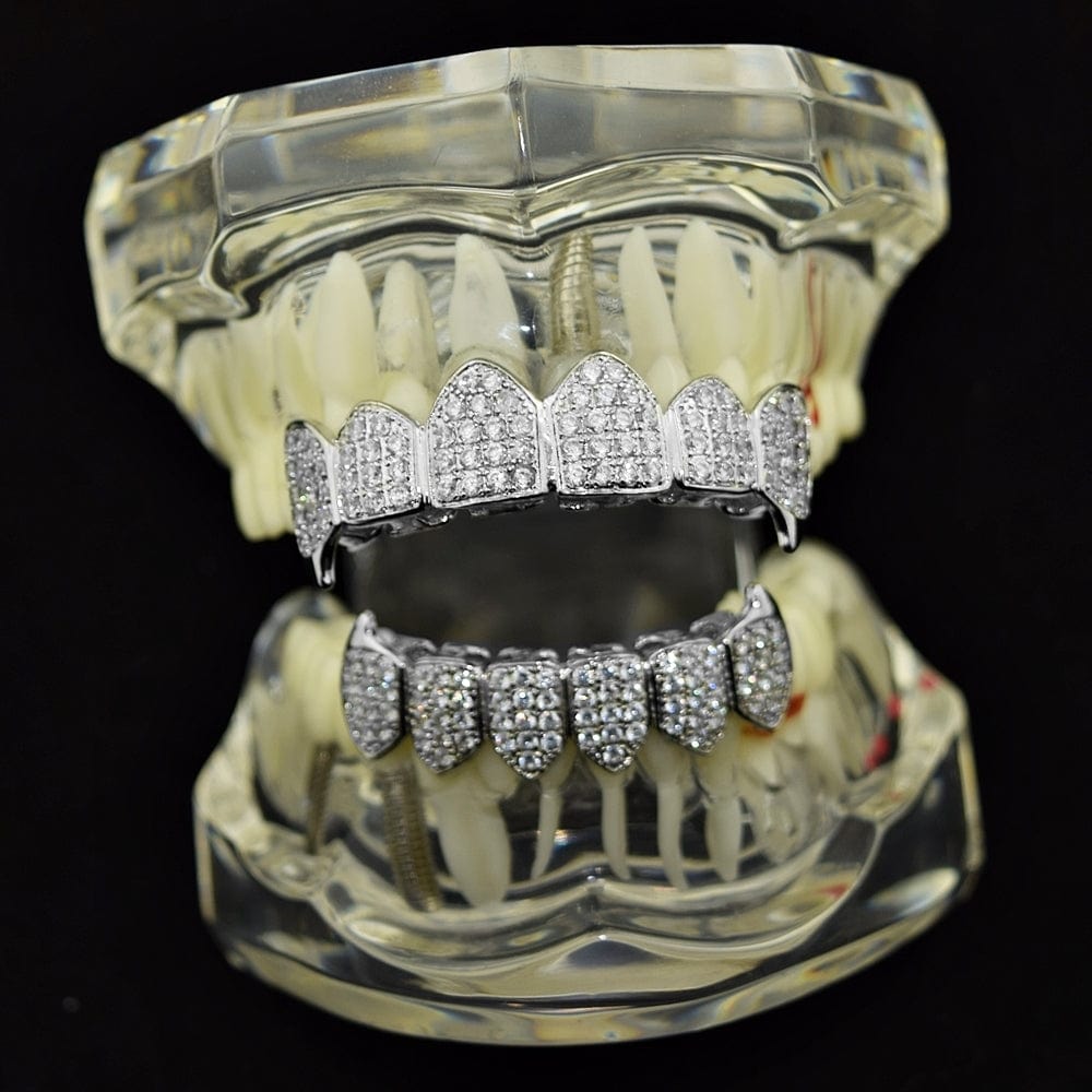 Silver Tone CZ Iced Vampire Fangs Teeth Grillz Set