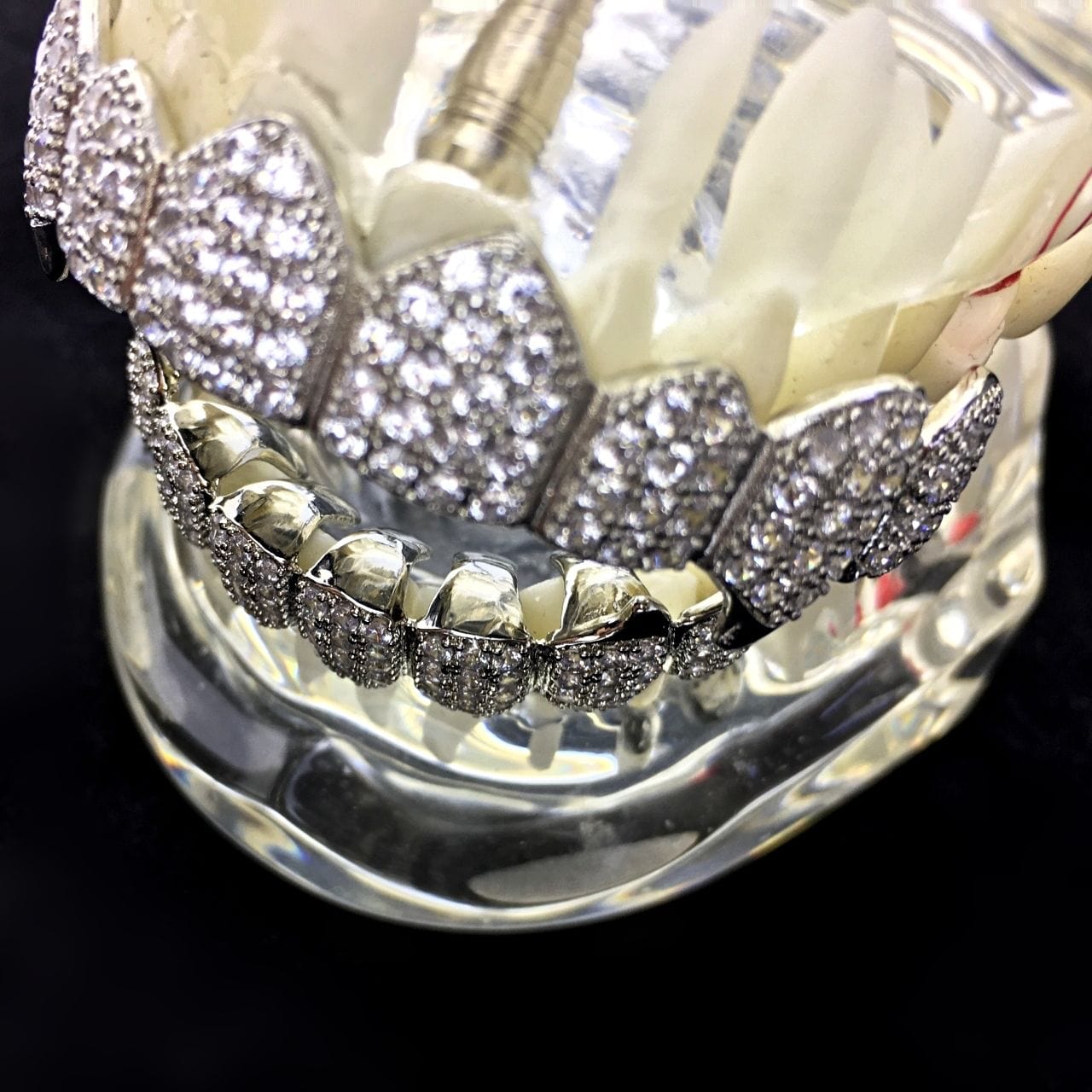Silver Tone Eight on 8 Teeth Vampire Fangs Grillz Set Iced CZ Flooded