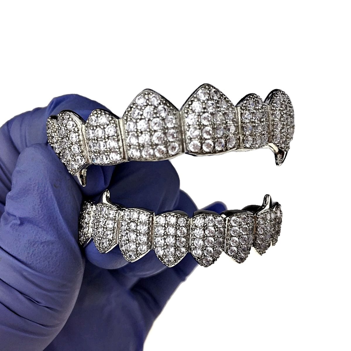 Silver Tone Eight on 8 Teeth Vampire Fangs Grillz Set Iced CZ Flooded