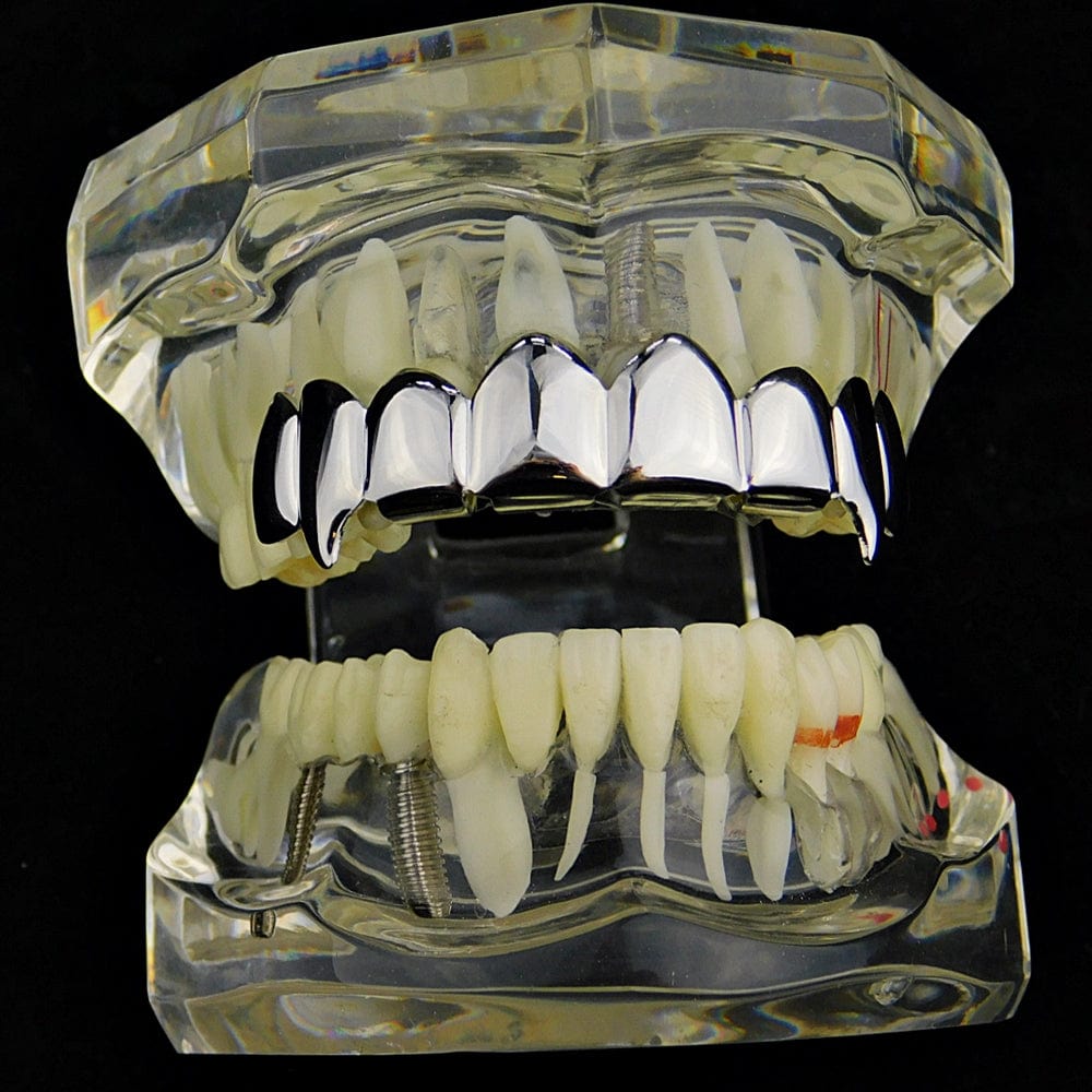 Silver Tone Eight Top Teeth Vampire Fangs Grillz