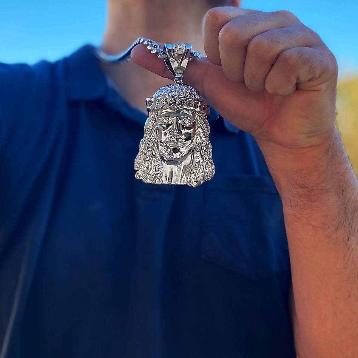 Silver Tone Huge Jesus Crown Pendant Cuban Link Chain Necklace 30"