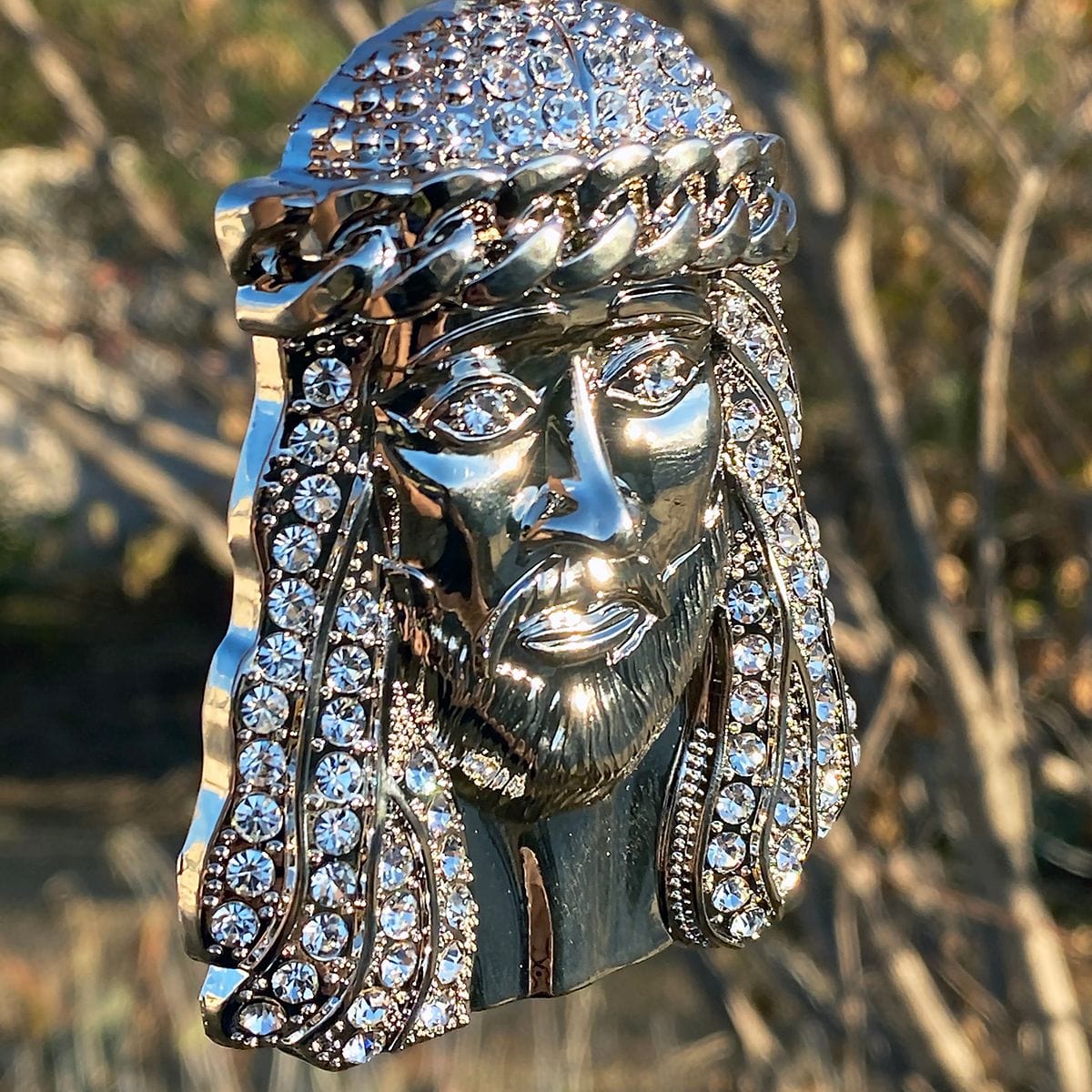 Silver Tone Huge Jesus Crown Pendant Cuban Link Chain Necklace 30"