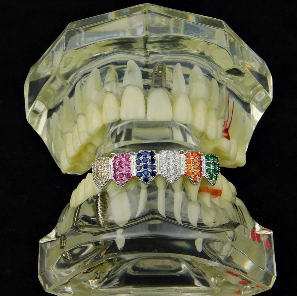 Silver Tone Iced CZ Rainbow Bottom Teeth Grillz