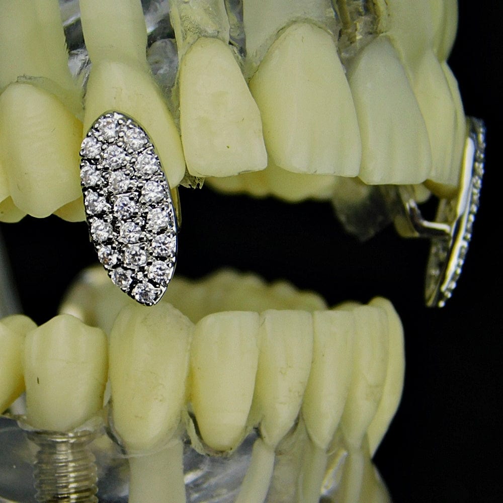 Silver Tone Iced CZ Two Vampire Fangs Single Caps Set