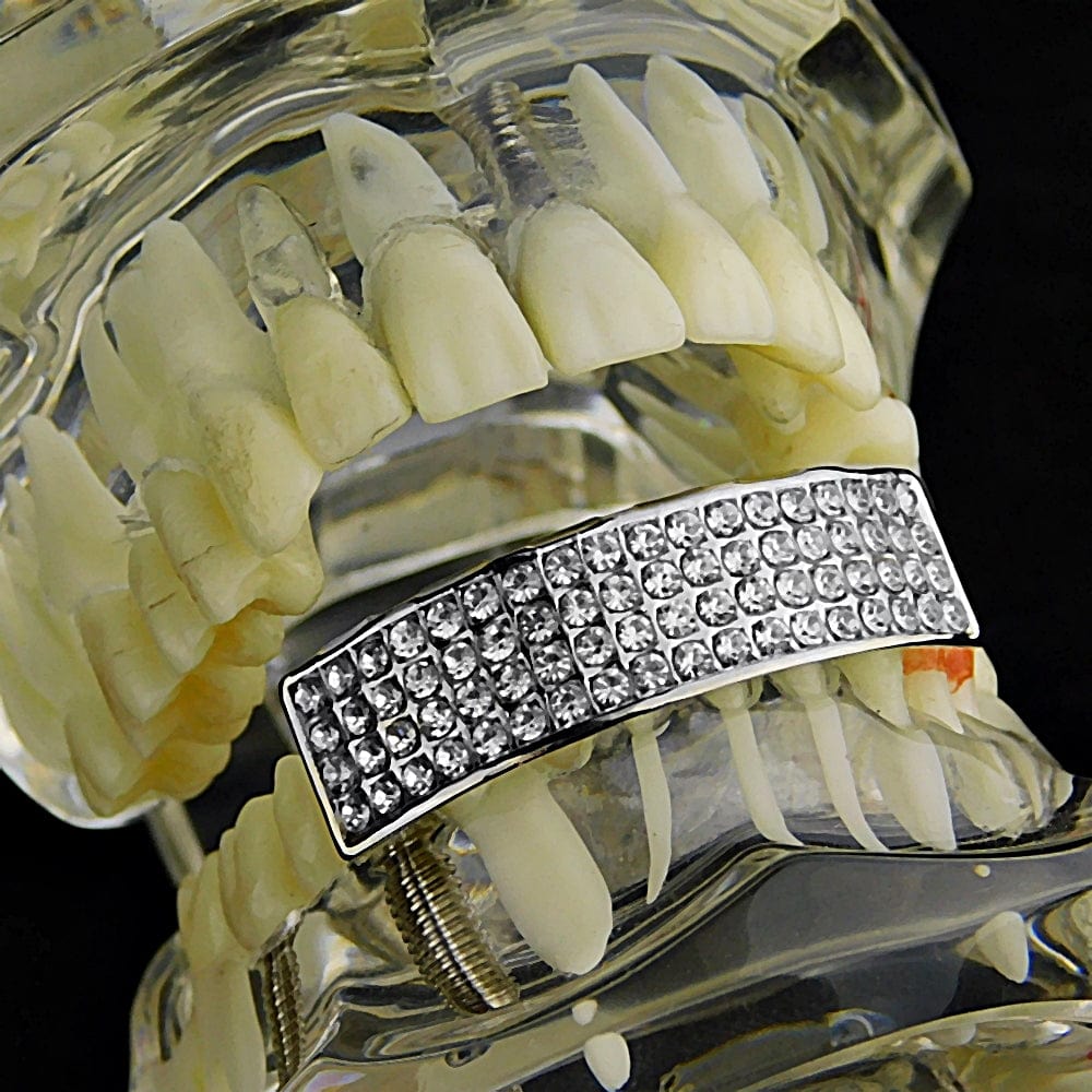 Silver Tone Iced Four Row Bottom Teeth Grillz