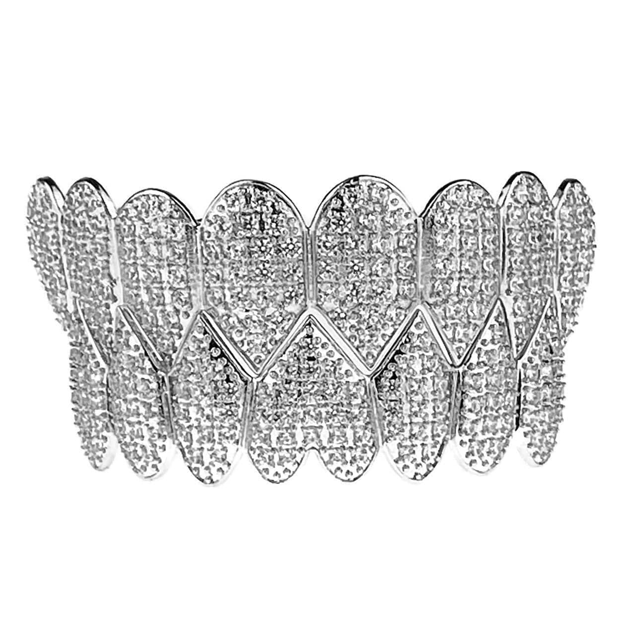 Silver Tone Shark Teeth Iced CZ Flooded Out Grillz Set