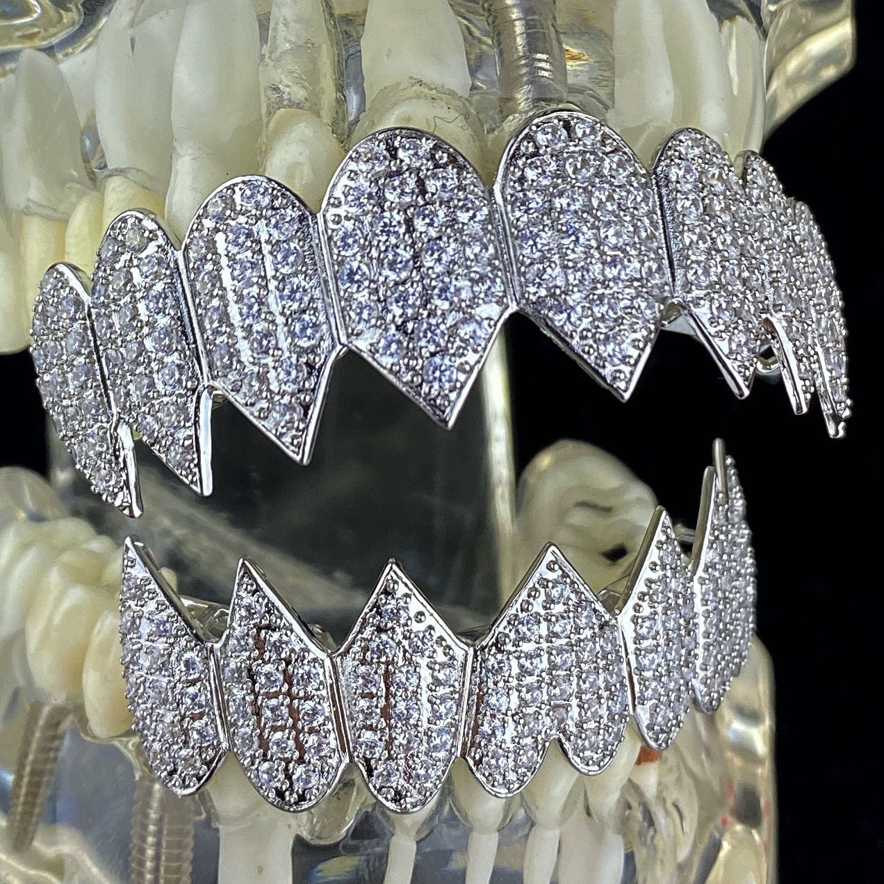 Silver Tone Shark Teeth Iced CZ Flooded Out Grillz Set